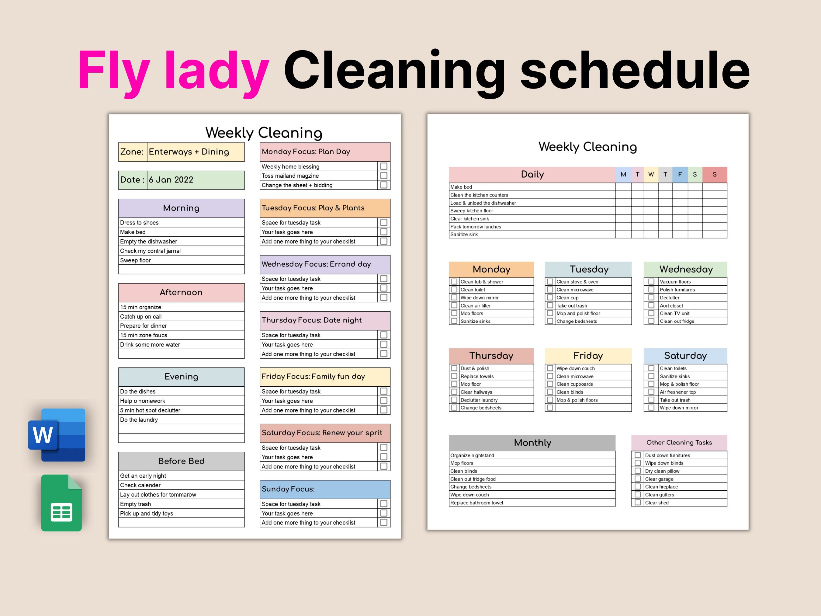 Printable Fly Lady Schedule, Editable Cleaning Schedule, Weekly Monthly ...