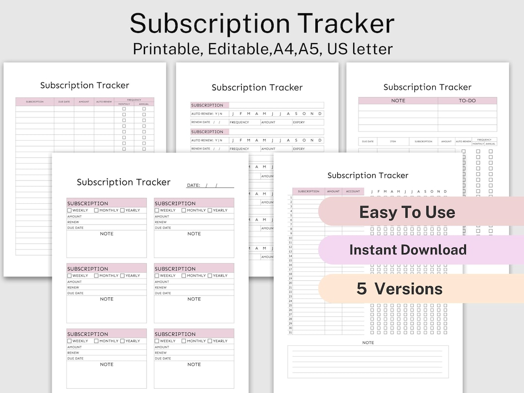 Subscription Tracker Printable 5 Pages, Membership Checklist, Expense ...
