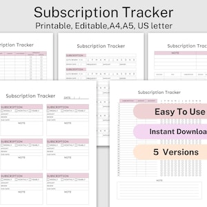 Subscription Tracker Printable 5 Pages, Membership Checklist, Expense ...