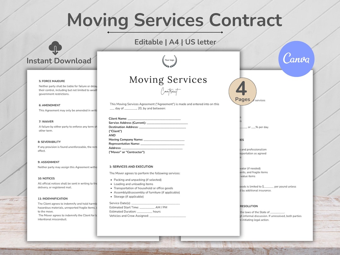 Moving Services Contract Template, Transportation Form, Moving Planner ...