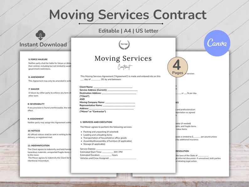 Moving Services Contract Template, Transportation Form, Moving Planner ...