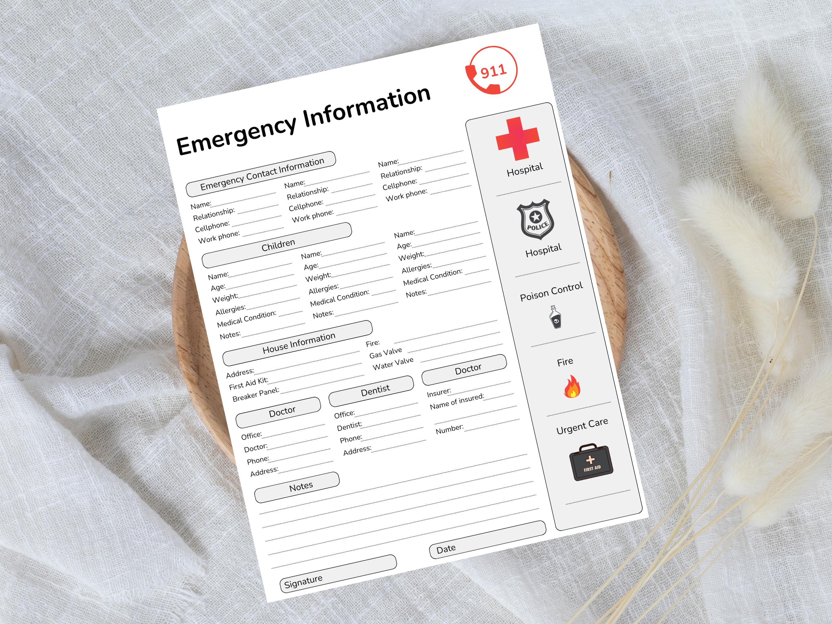 Emergency Information Sheet, Emergency Binder, Child Information ...
