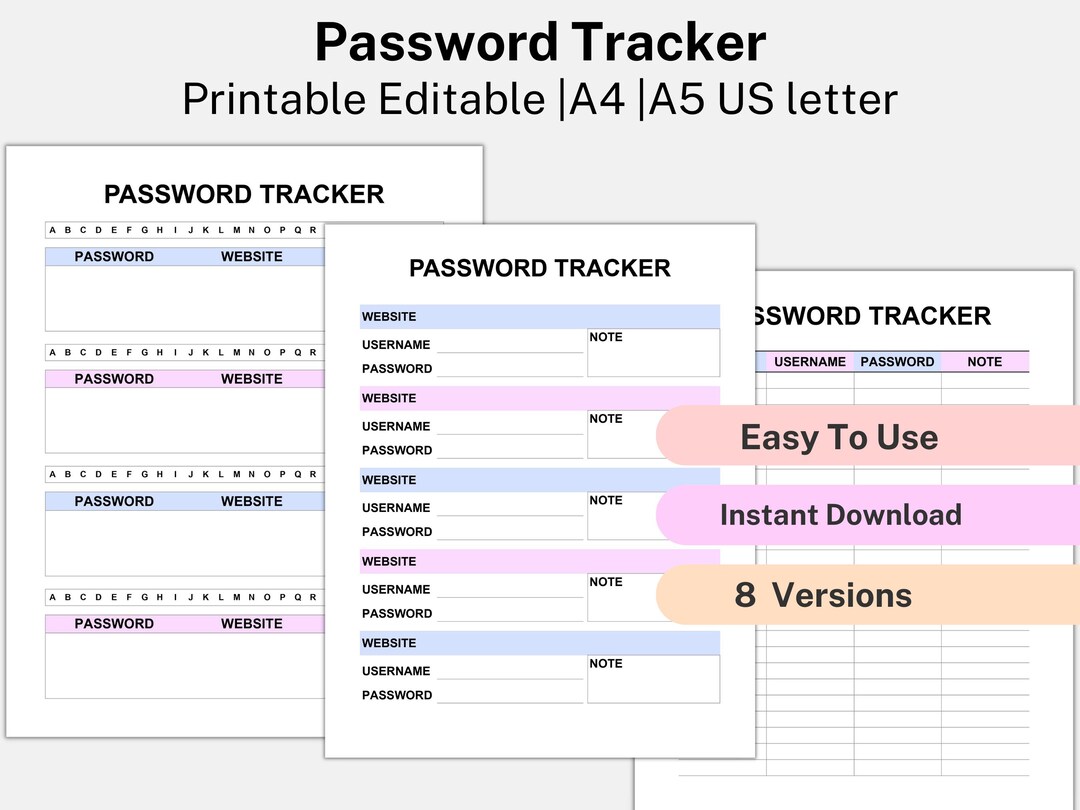 EDITABLE Password Book Tracker, Password Tracker Printable Template ...