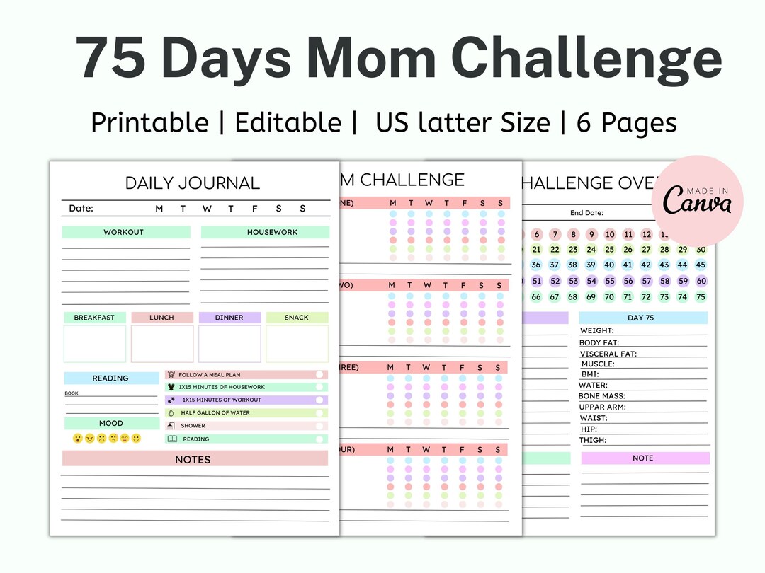EDITABLE 75 Soft MOM Challenge Tracker Bundle, Daily 75 Soft Challenge ...