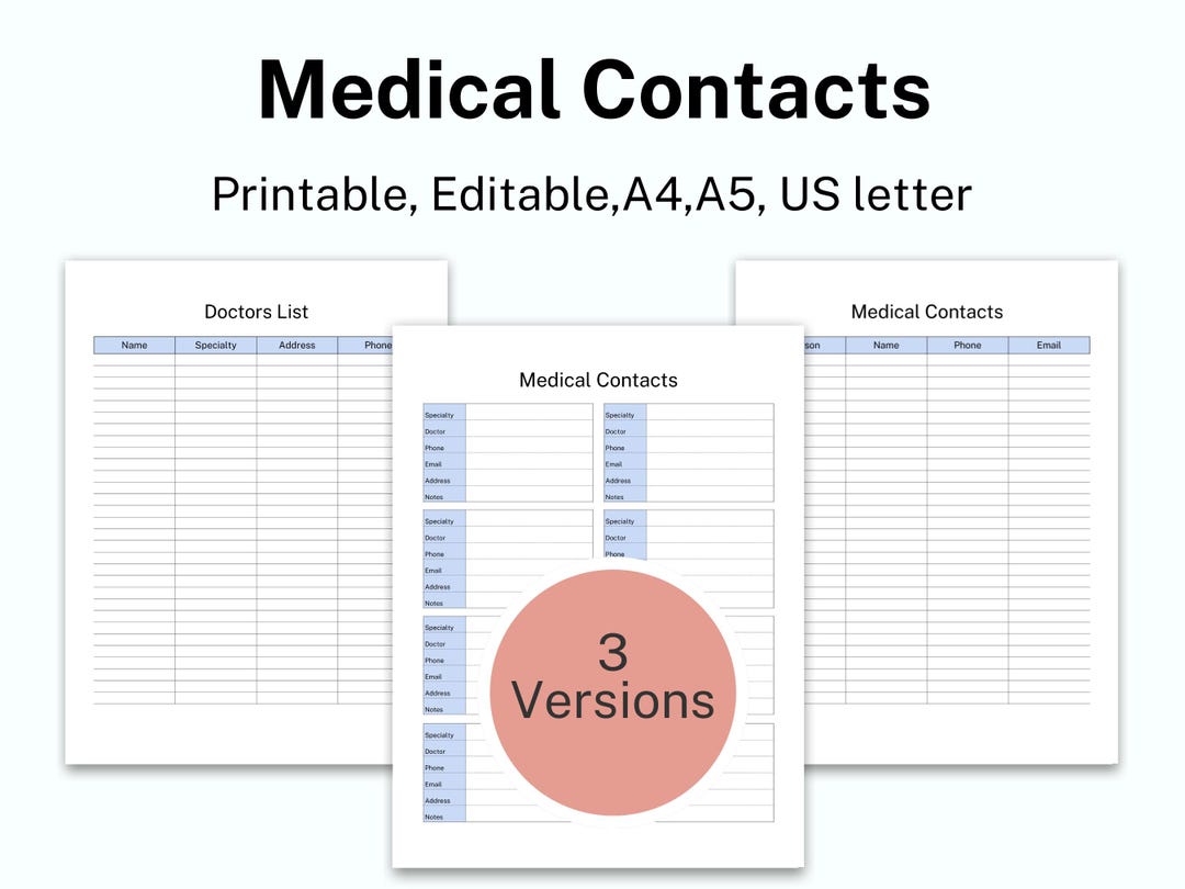 Medical Planner Binder Contact List Printable, Healthcare Contacts ...