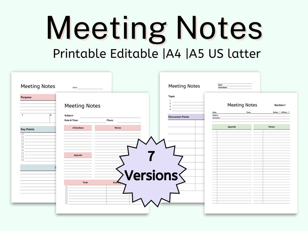 Meeting Minutes Template Printable, Meeting Notes, Meeting Agenda ...