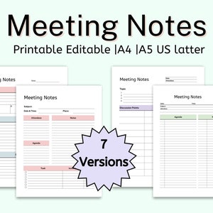 Meeting Minutes Template Printable, Meeting Notes, Meeting Agenda ...