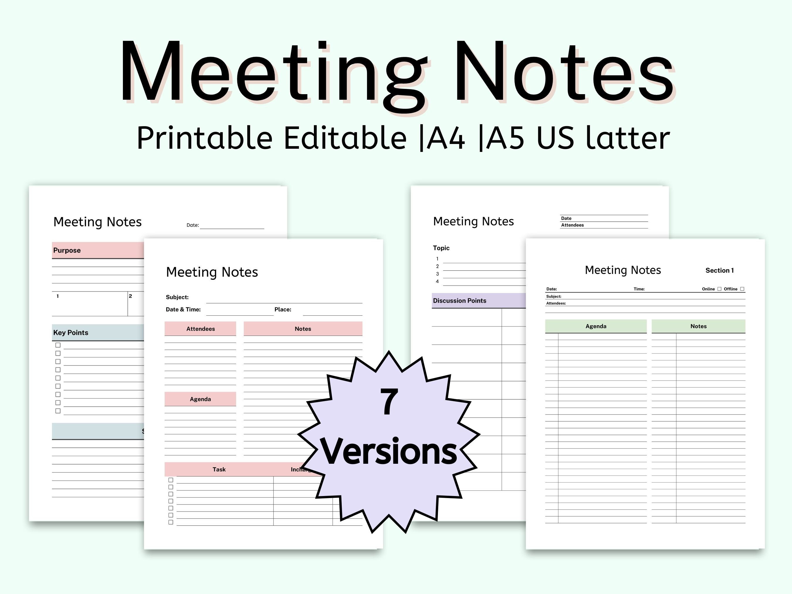 Meeting Minutes Template Printable, Meeting Notes, Meeting Agenda ...