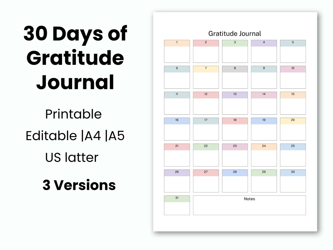 30 Days of Gratitude Journal Printable, Monthly Gratitude Calendar ...