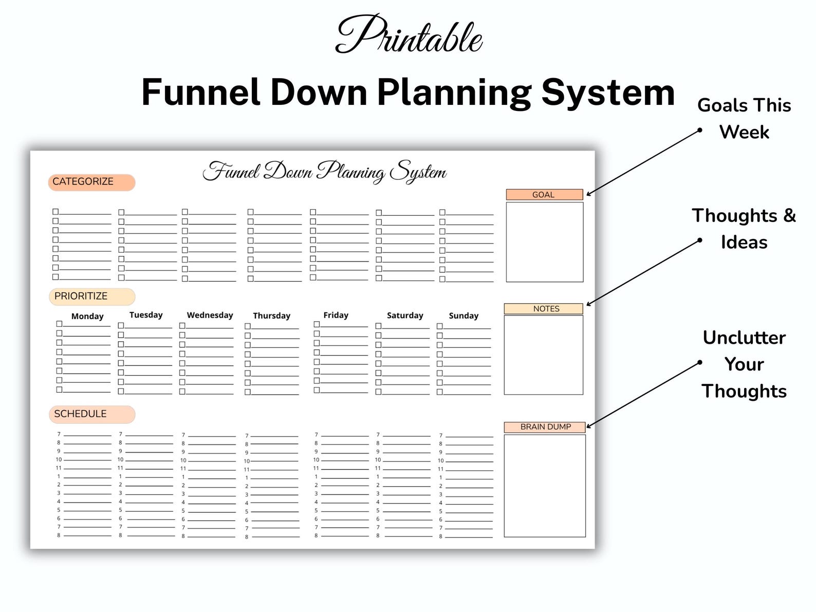 1-2-3 Funnel Down Planning System, Adult Adhd Planner, Time Management ...