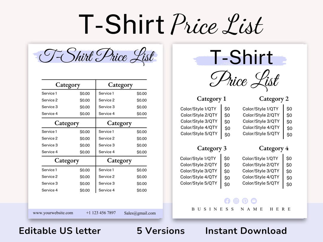T Shirt Price List, Tshirt Pricing, Tshirt Price Guide, Price Chart ...