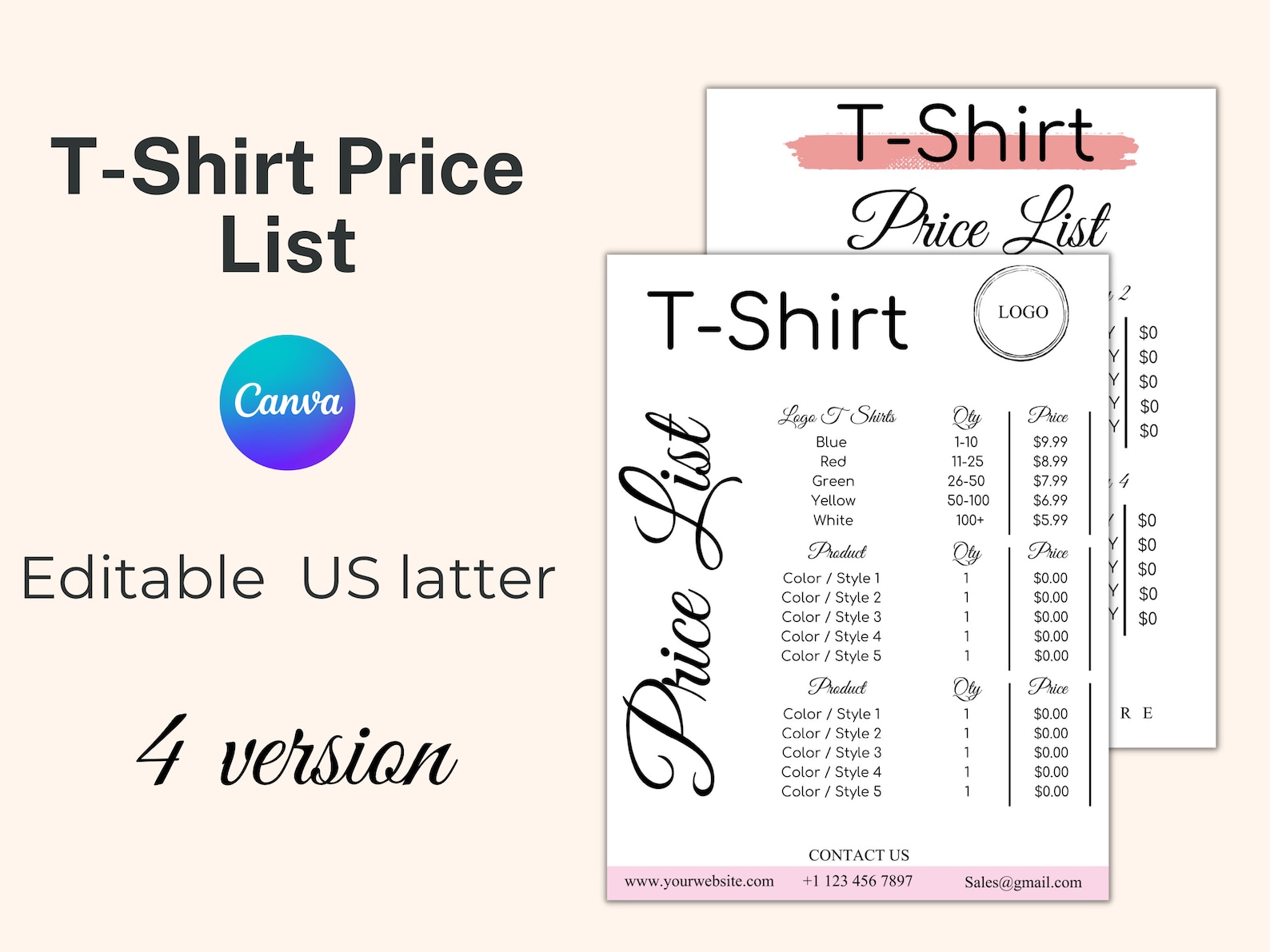 TSHIRT Price List Template, Price List, Shirt Order Form, Price Chart ...