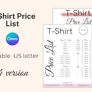 TSHIRT Price List Template, Price List, Shirt Order Form, Price Chart ...