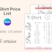 TSHIRT Price List Template, Price List, Shirt Order Form, Price Chart ...