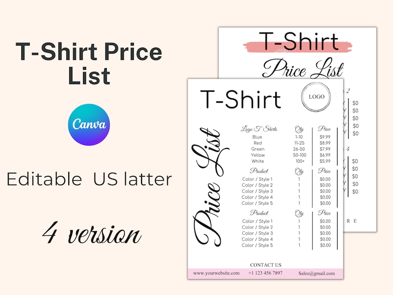 TSHIRT Price List Template, Price List, Shirt Order Form, Price Chart ...