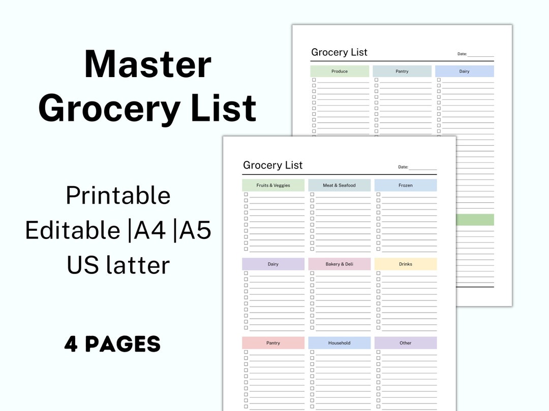 Master GROCERY List Printable Template, Simple Grocery Shopping List, Grocery Checklist ...