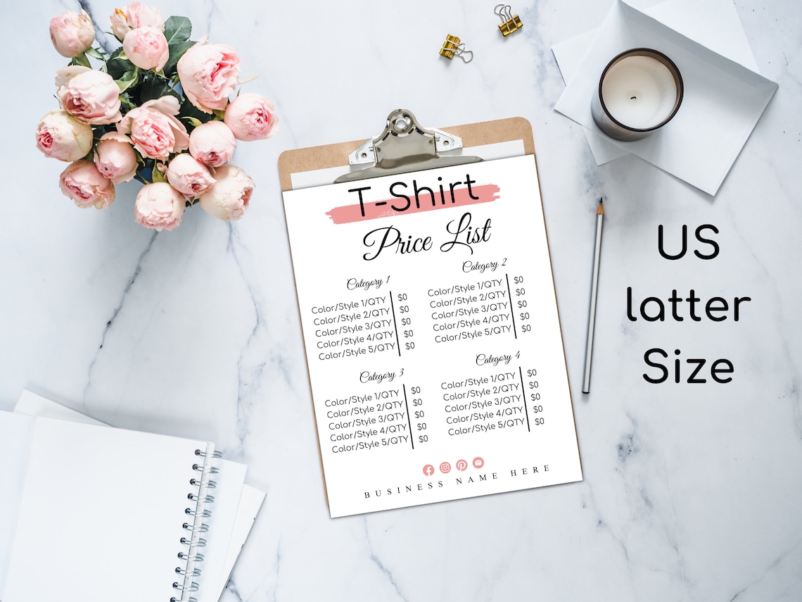 Editable TSHIRT Price List Template, Shirt Order Form, Printable Price ...