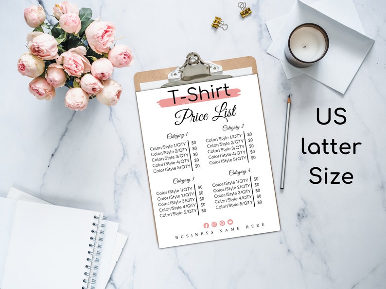 Editable TSHIRT Price List Template, Shirt Order Form, Printable Price ...
