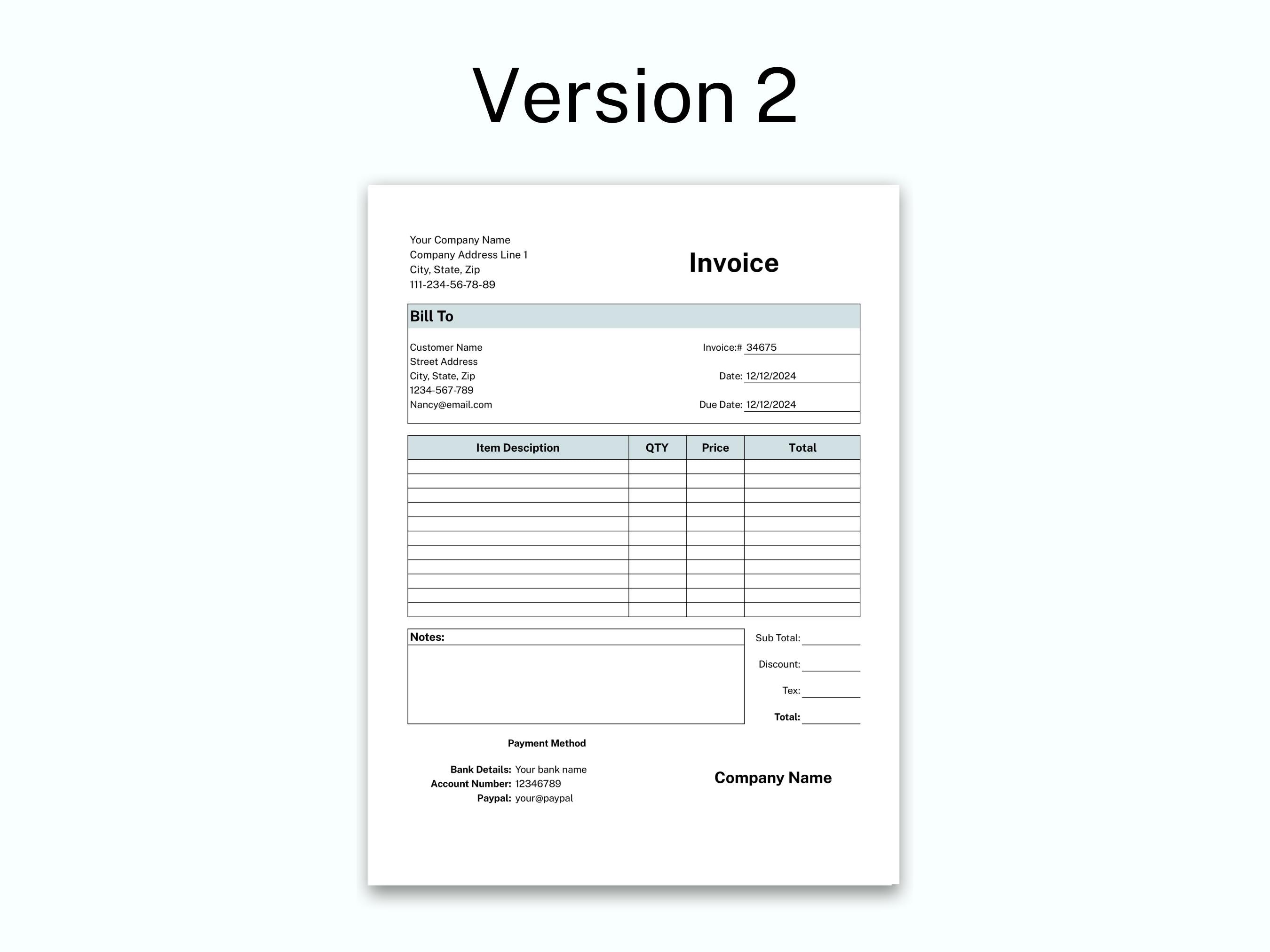Invoice Template Word/google Sheet, Invoice Excel Template, Receipt ...