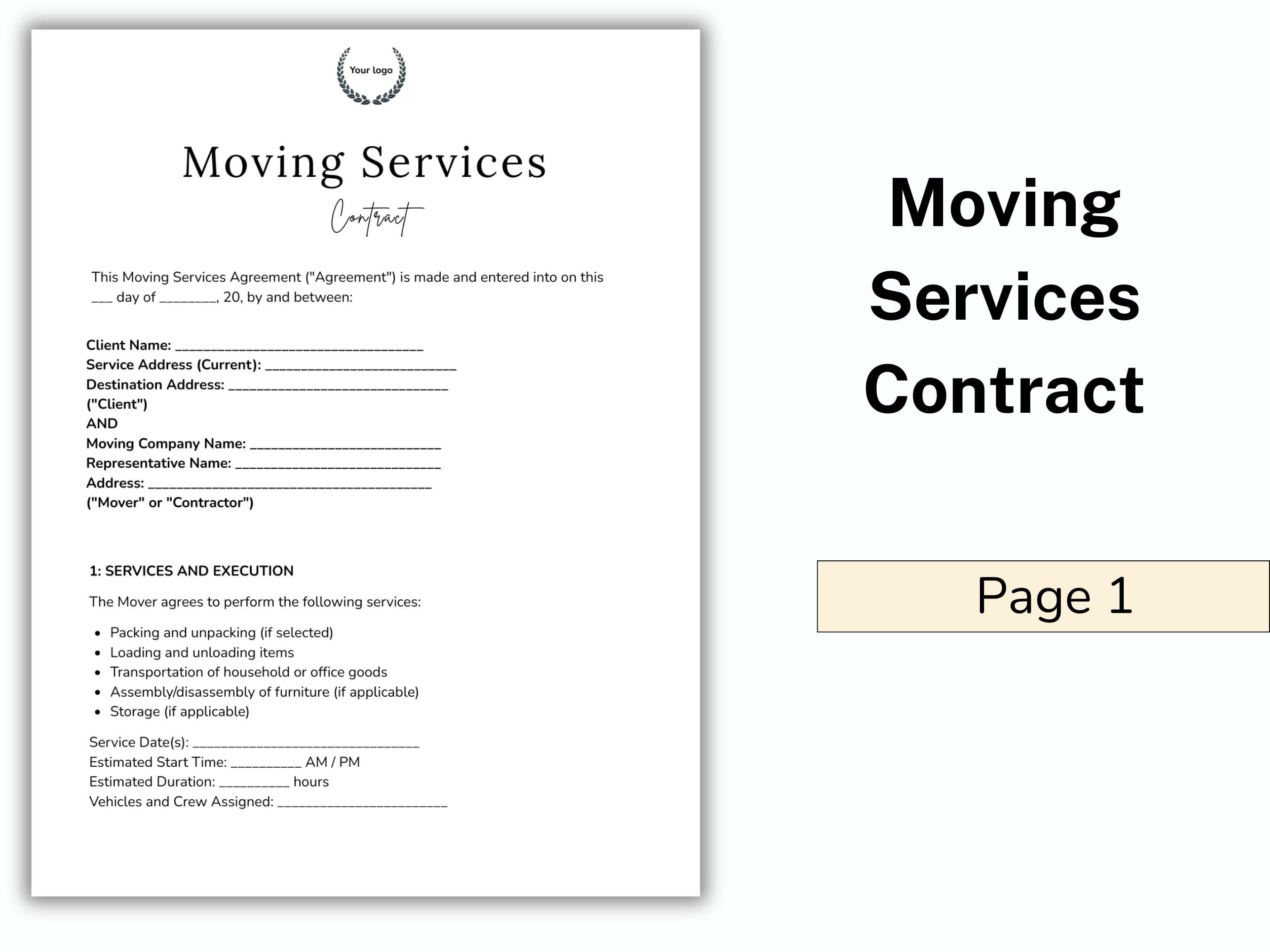 Moving Services Contract Template, Transportation Form, Moving Planner ...