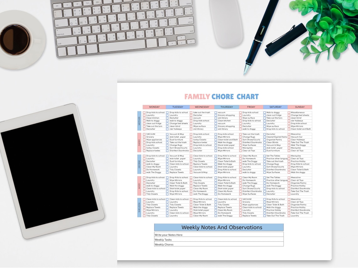 Family Chore Chart Printable Template, Cleaning Schedule Planner ...