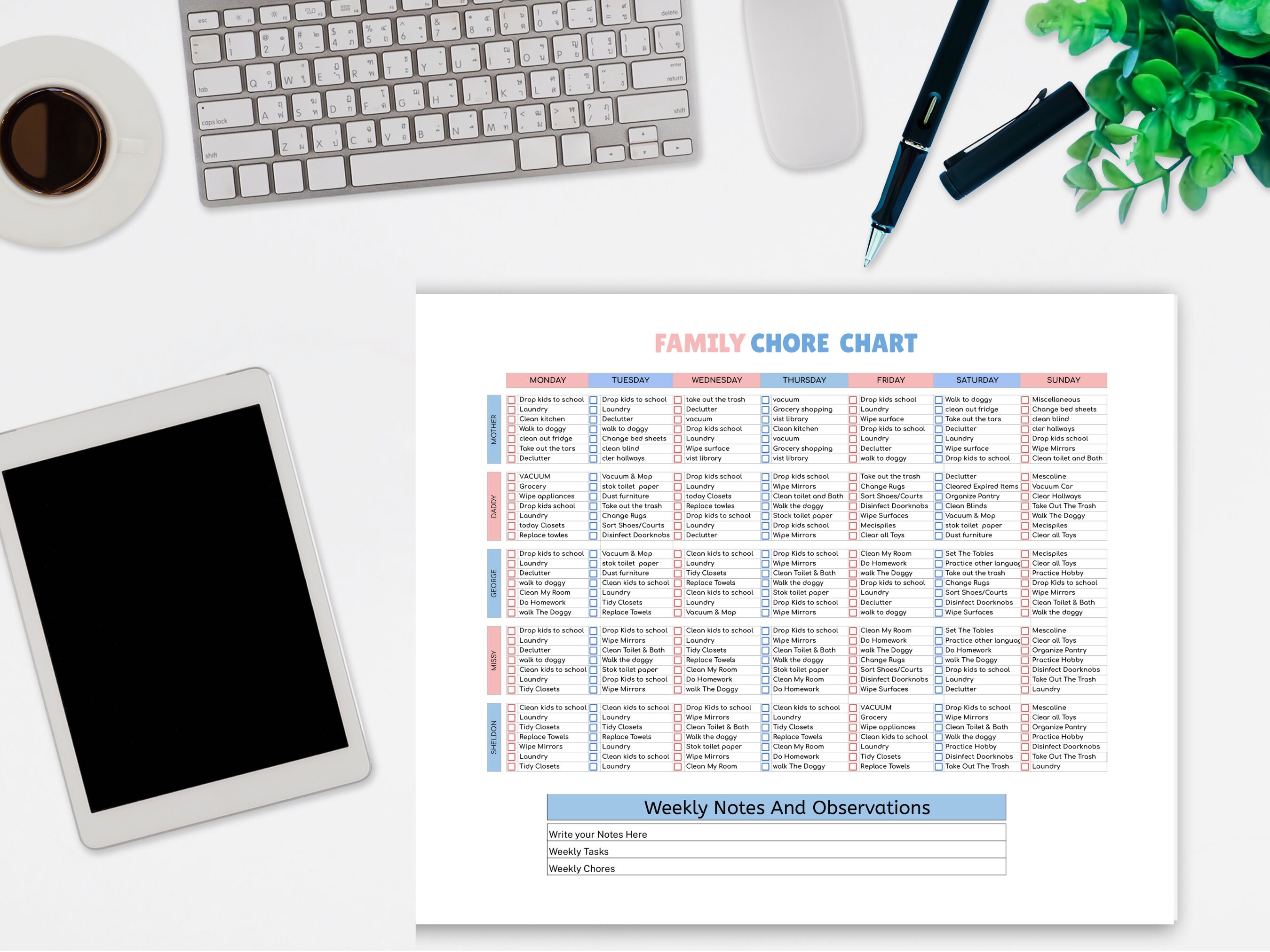 Family Chore Chart Printable Template, Cleaning Schedule Planner ...
