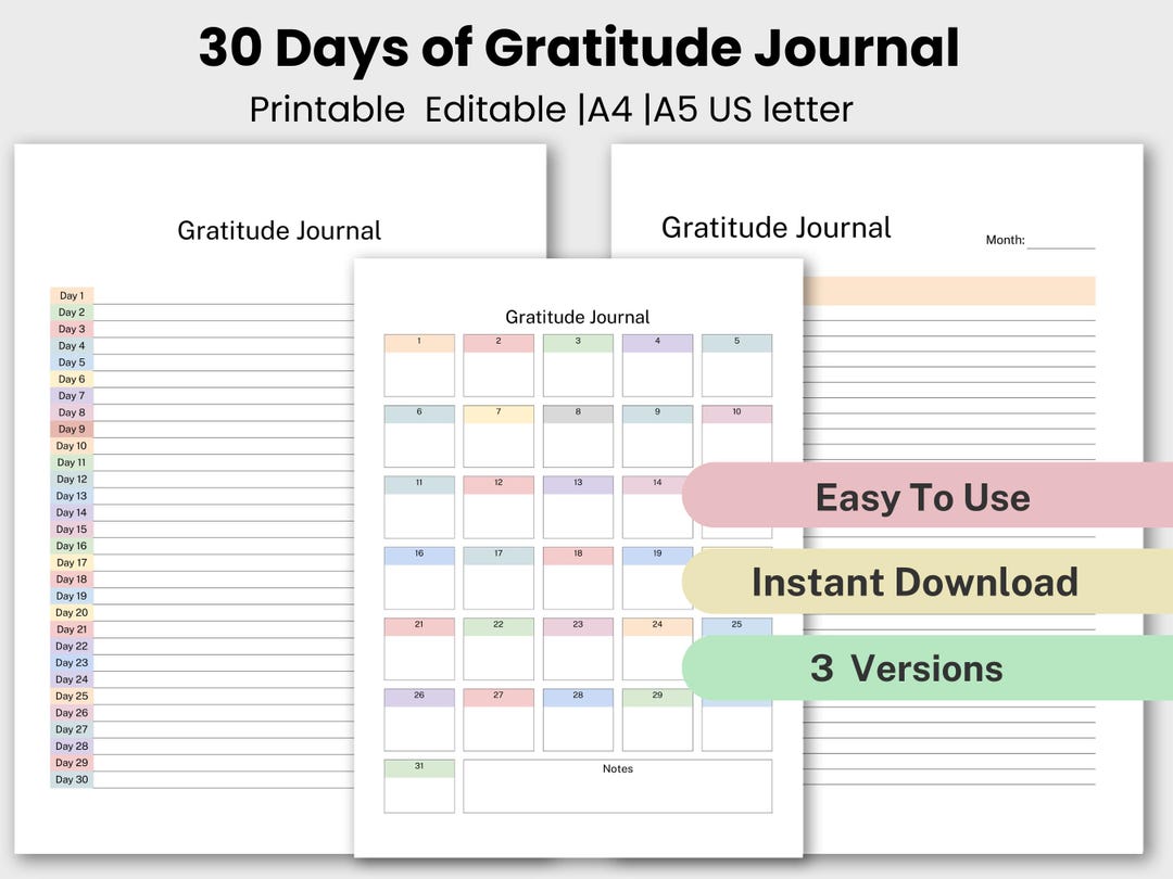 30 Days of Gratitude Journal Printable, Monthly Gratitude Calendar ...