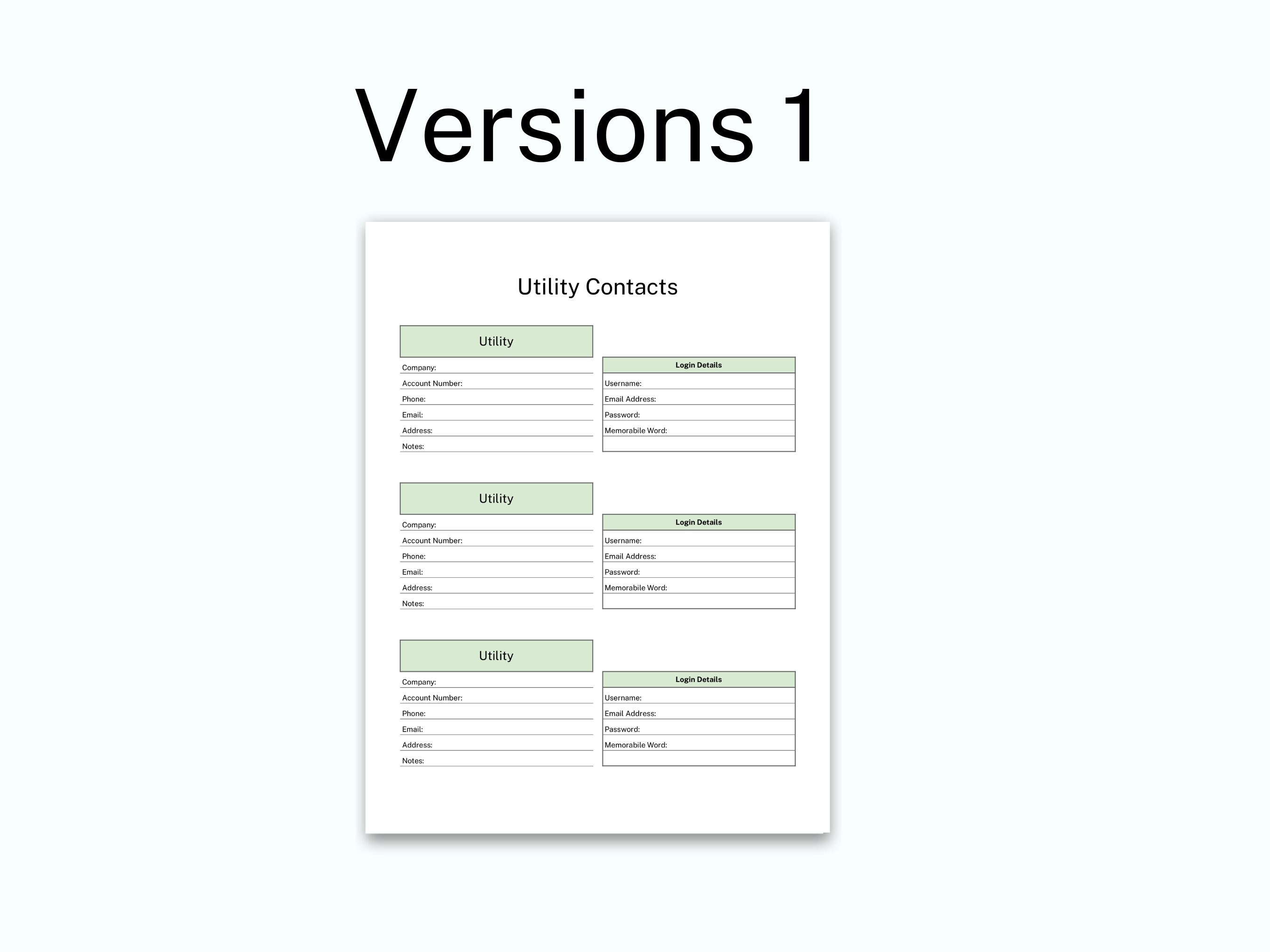 Utility Contacts Template Printable, Utility Service Address Book ...