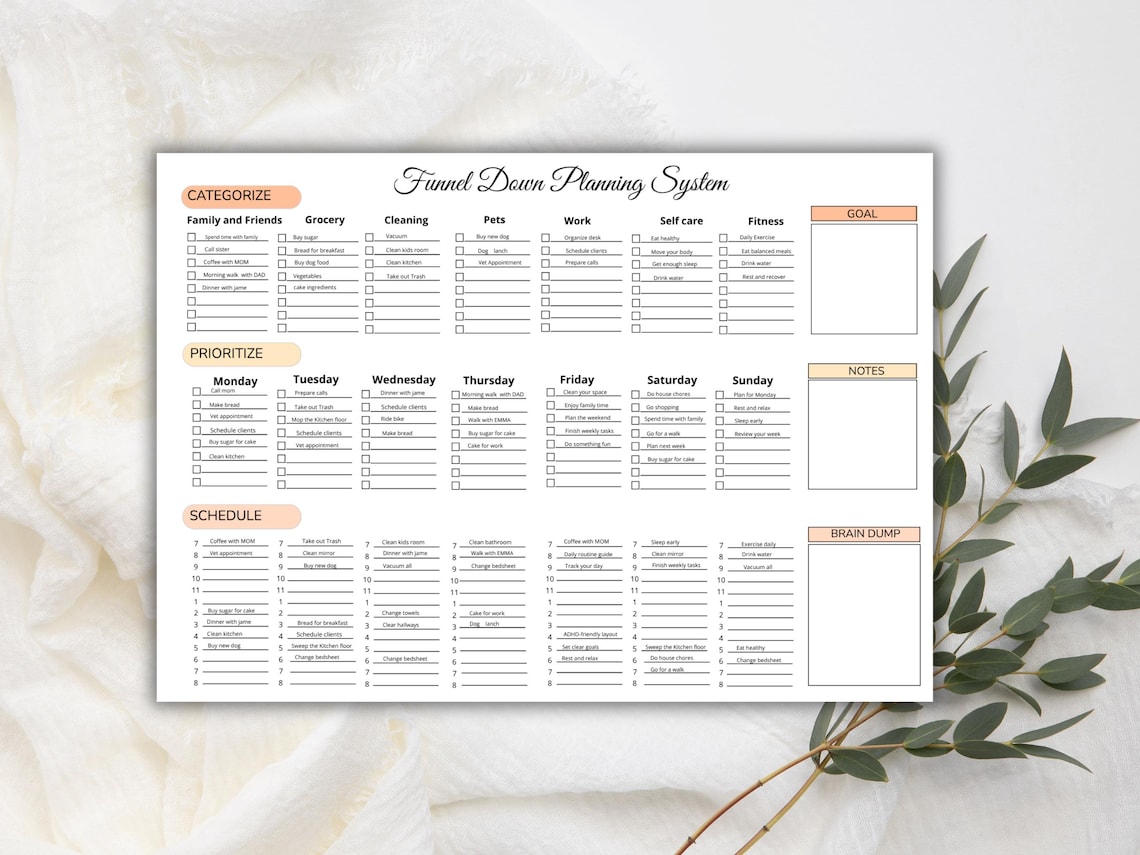 1-2-3 Funnel Down Planning System, Adult Adhd Planner, Time Management ...