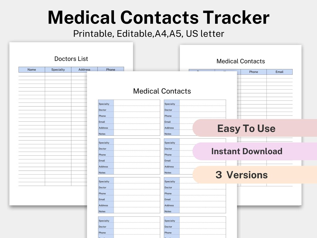 Medical Planner Binder Contact List Printable, Healthcare Contacts ...