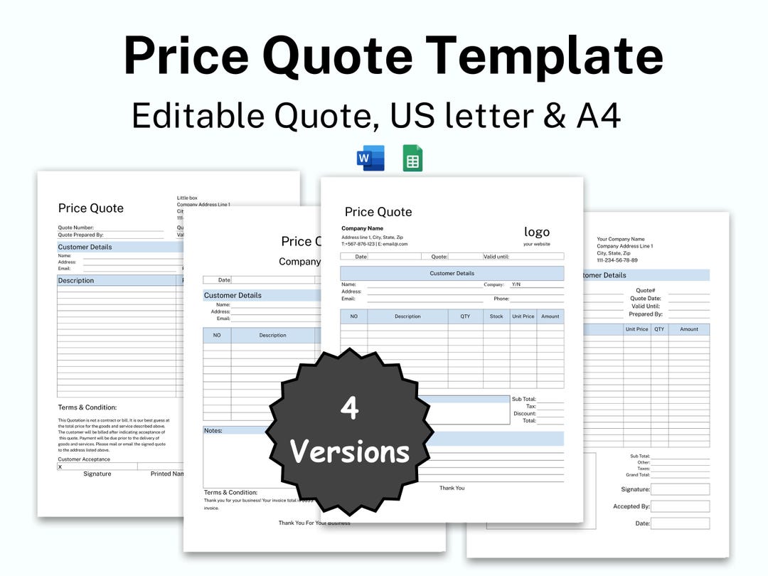 PRICE QUOTE Template Printable, Small Business Price Quotation Form ...