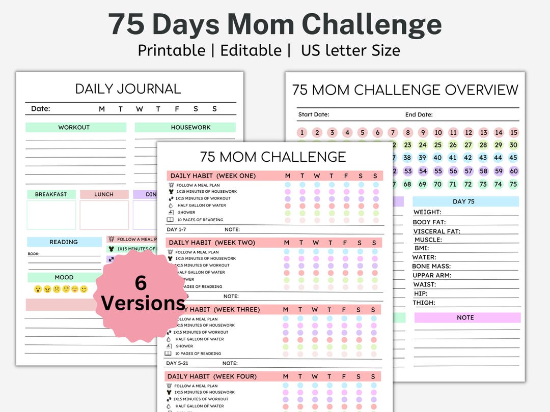 EDITABLE 75 Soft MOM Challenge Tracker Bundle, Daily 75 Soft Challenge ...