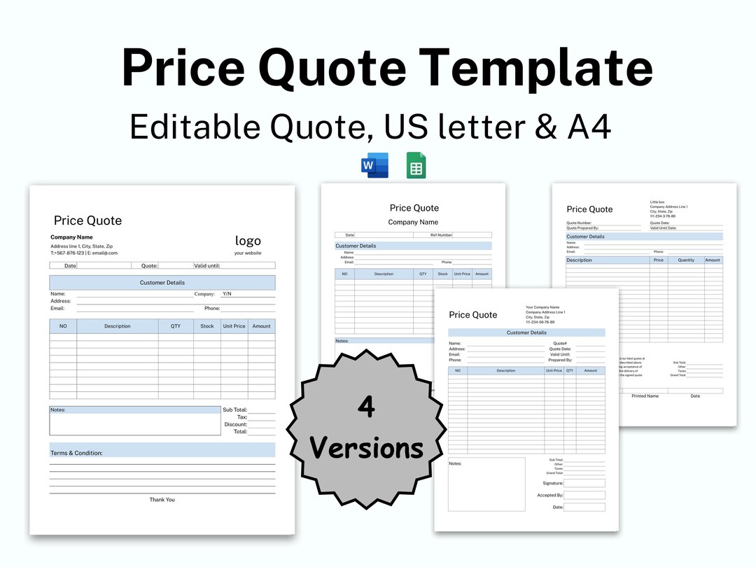 Price Quotation Template, Bookkeeping Template Printable, Estimate ...