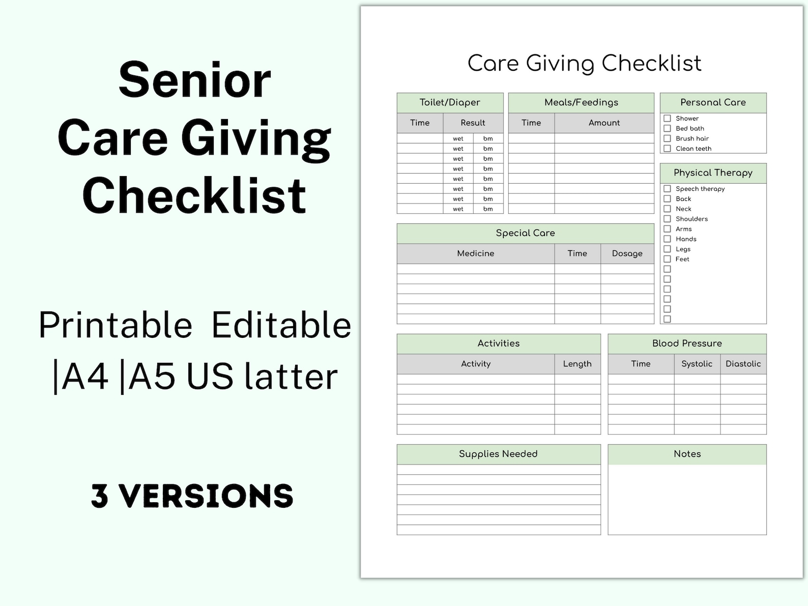 EDITABLE Caregiving Elderly Care Checklist, Senior Care, Self Care ...