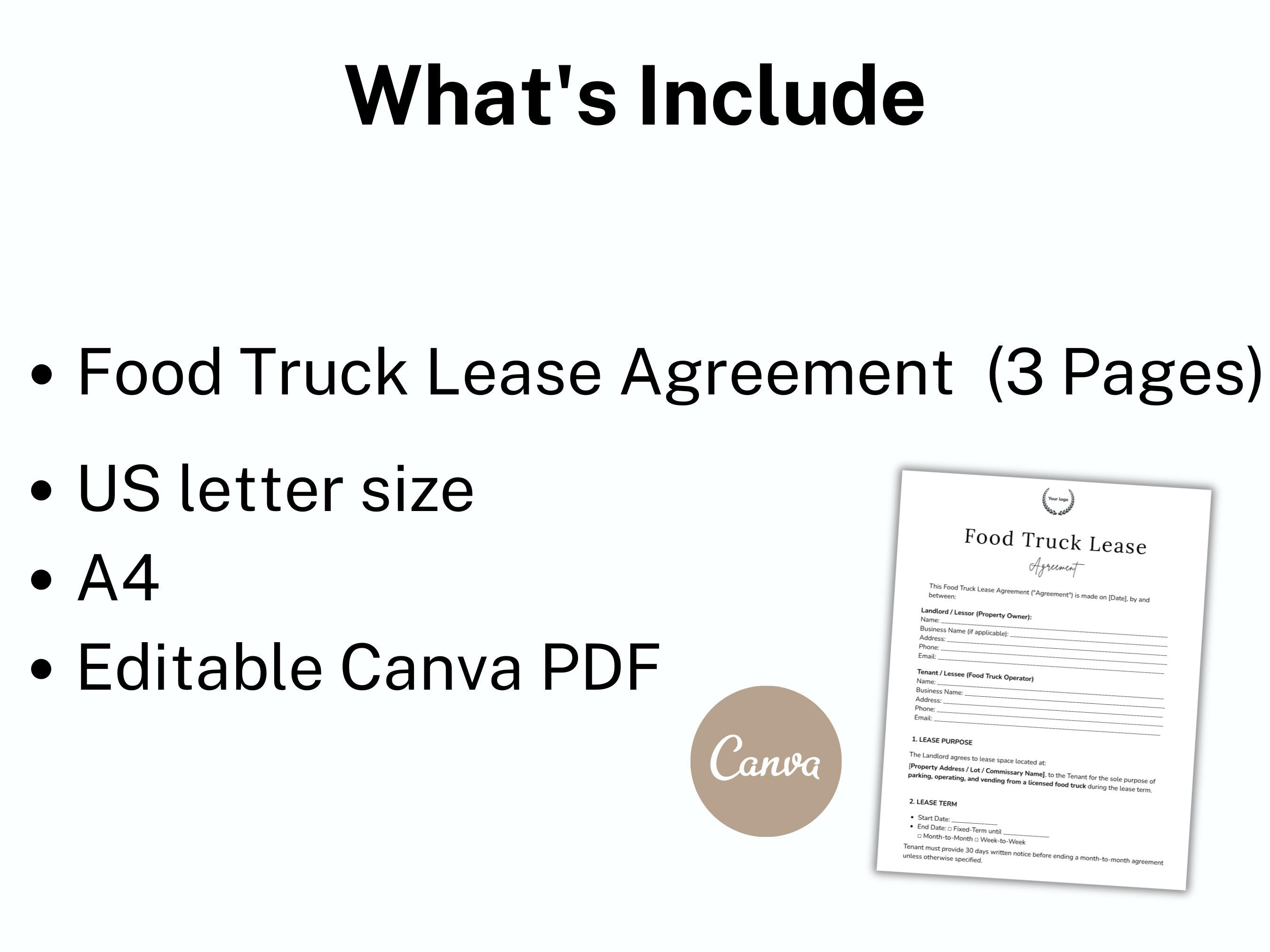 Editable Food Truck Lease Agreement Template: Canva Printable (A4/US ...