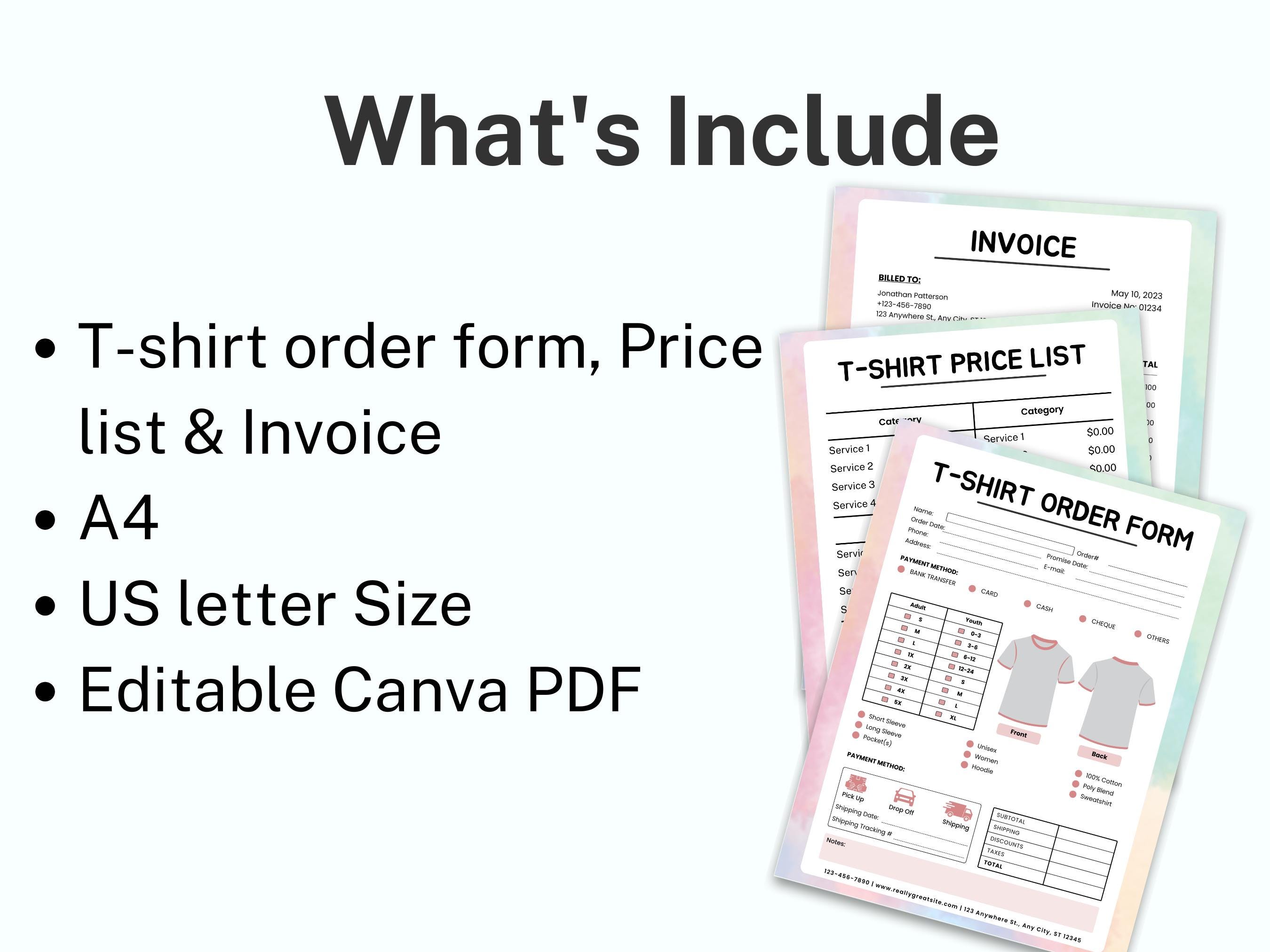Editable T Shirt Order Form, T Shirt Invoice Template, Craft Business ...