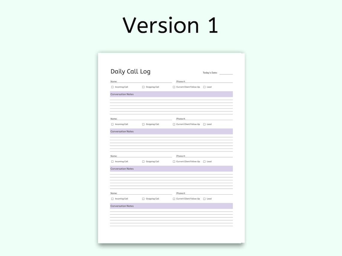 Printable Daily Call Log, Communication Log, Call Back Tracker, Missed ...