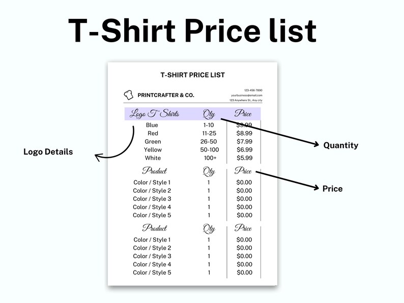 Shirt Order Form & Price List Template, TSHIRT Price List, T-shirt ...