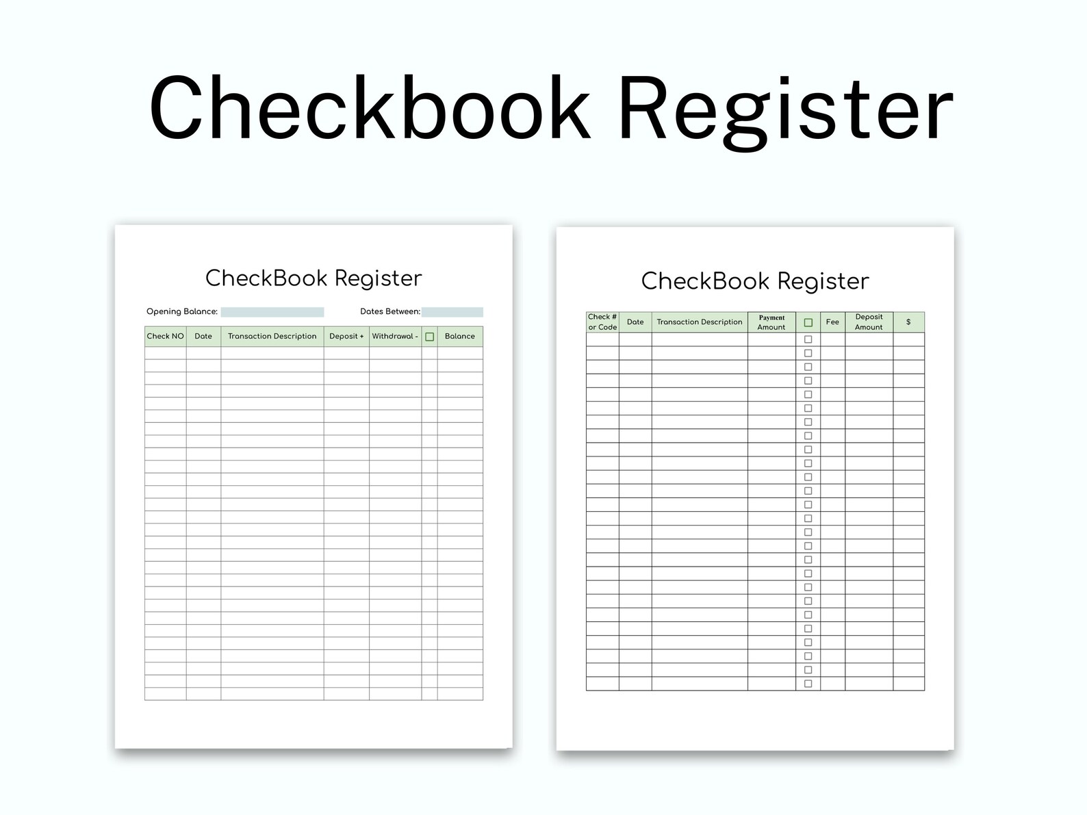 Checkbook Register Printable, Transaction Register, Check Register ...