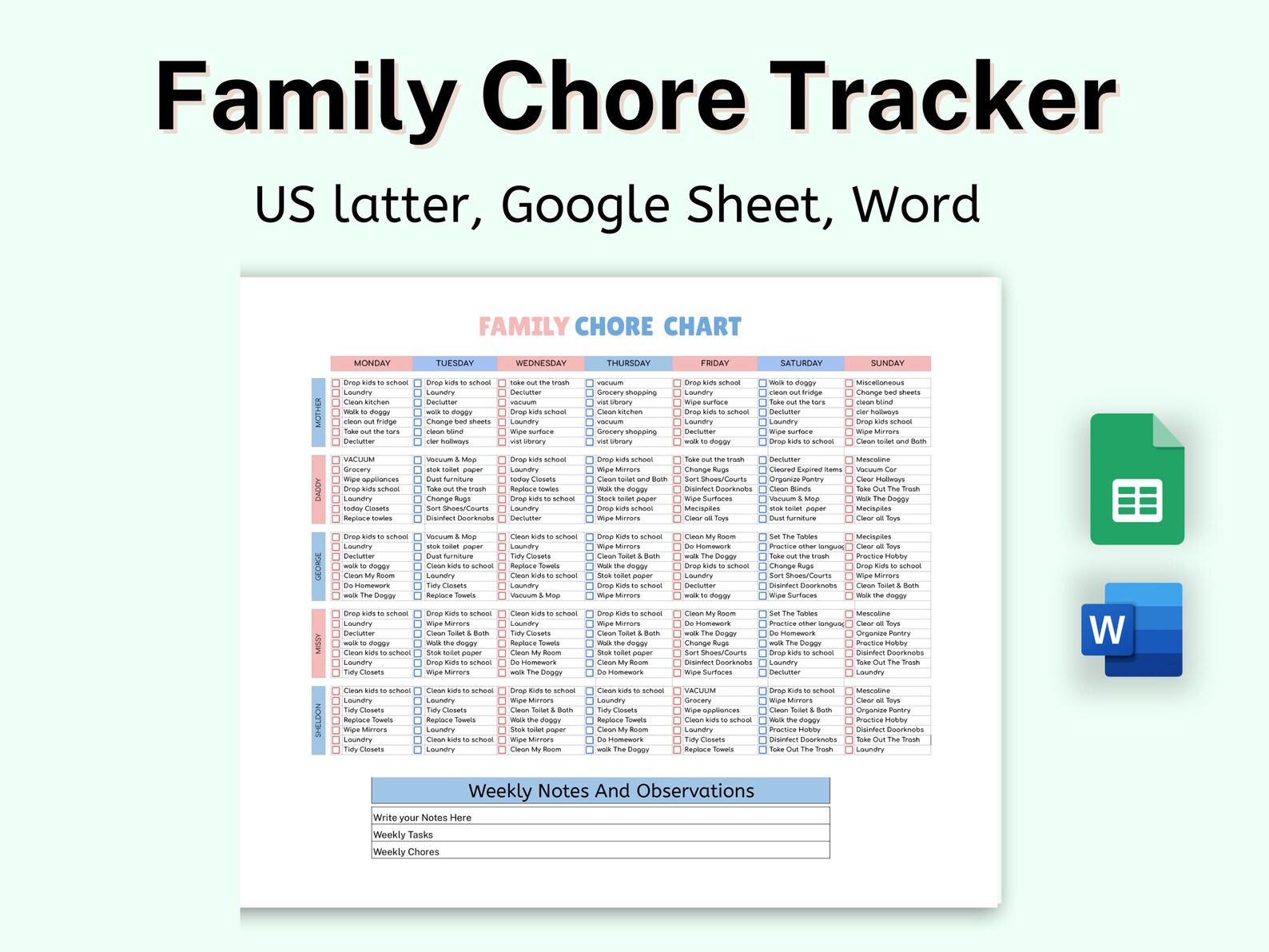 Family Chore Chart Printable Template, Cleaning Schedule Planner ...