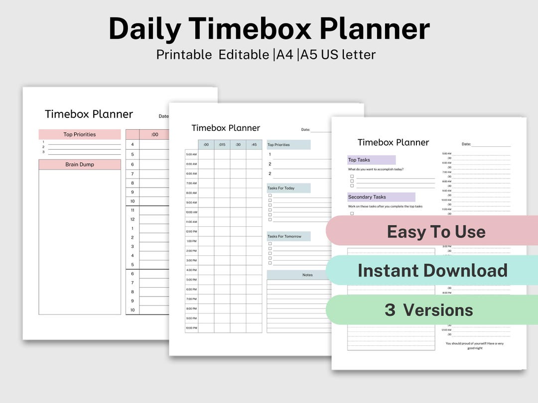 Timebox Planner Printable, Time Boxing Template, Time Tracker Editable ...