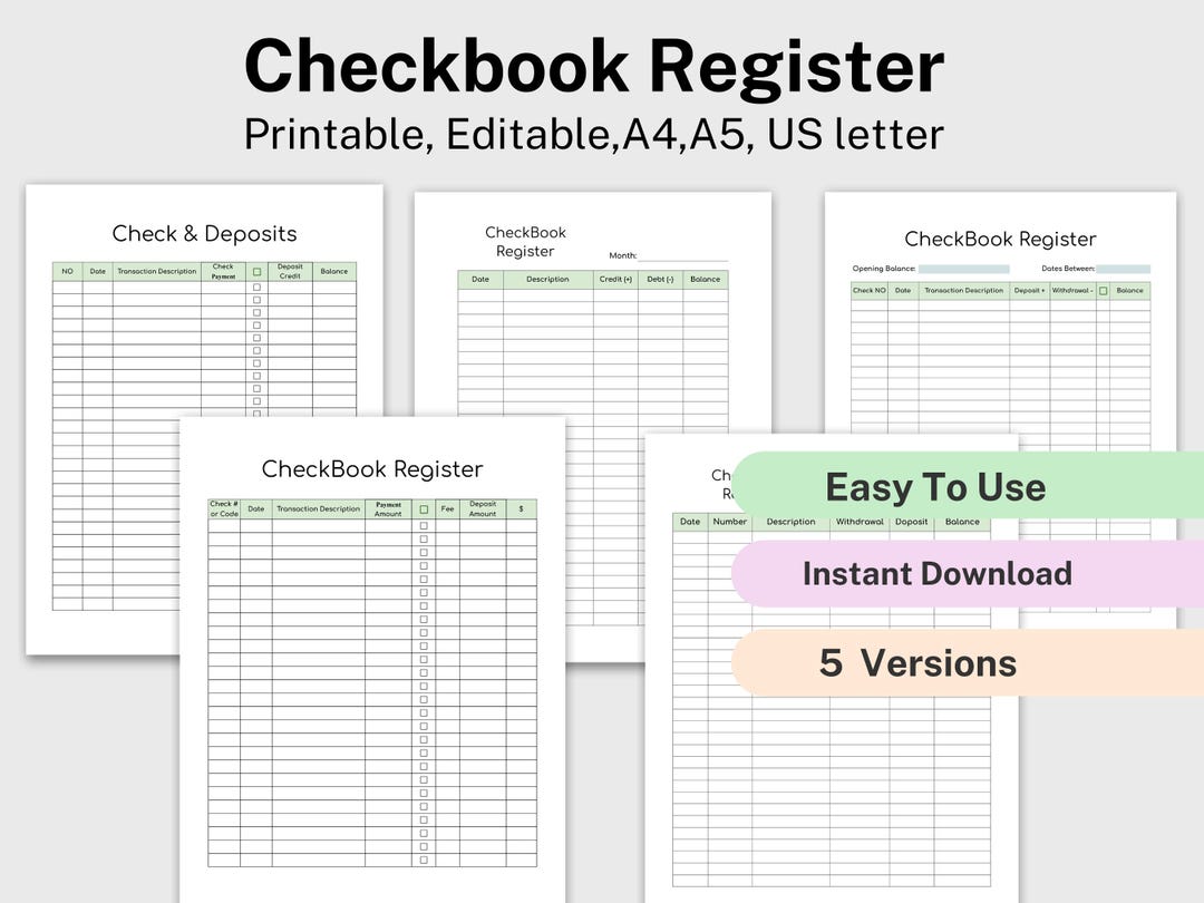 Checkbook Register Printable, Transaction Register, Check Register ...