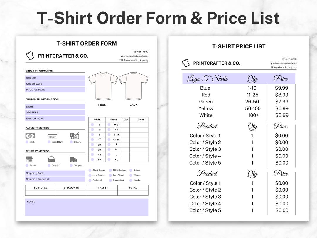 Shirt Order Form Price List Template, Price List, TSHIRT Price List, T ...