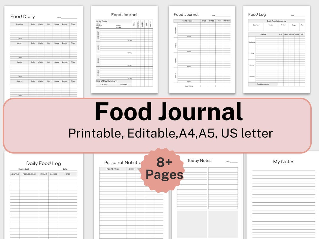 Printable Daily Food Journal, Daily Food Diary, Food Journal, Daily ...