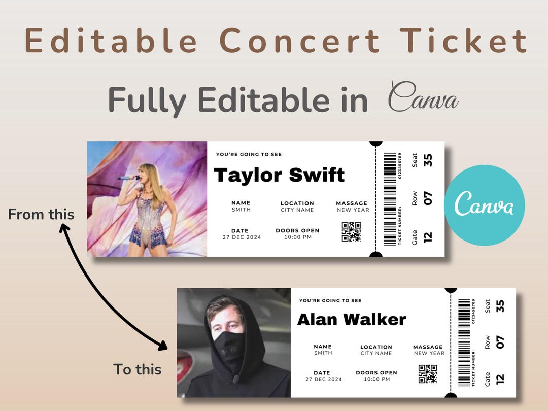 Editable Fake Concert Ticket Template, Custom Concert Ticket Gift Idea ...