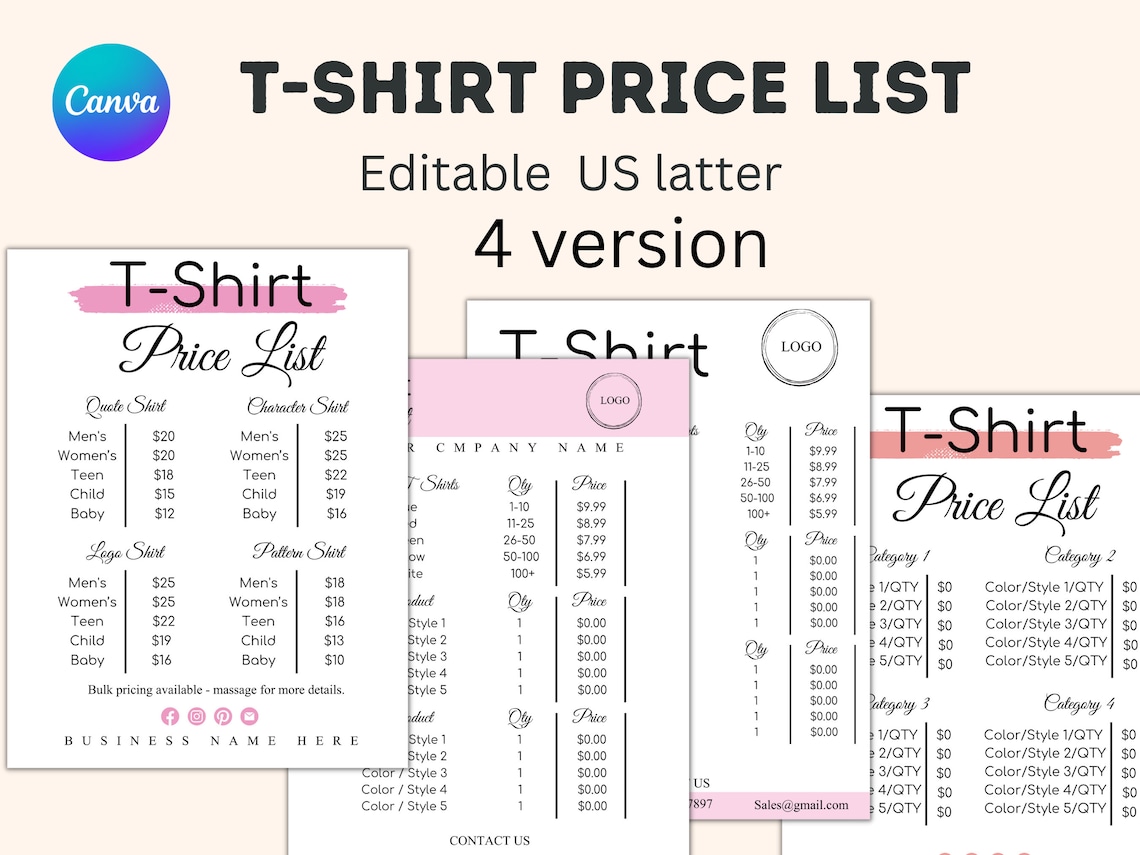Editable TSHIRT Price List Template, Shirt Order Form, Printable Price ...