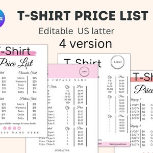 Editable TSHIRT Price List Template, Shirt Order Form, Printable Price ...