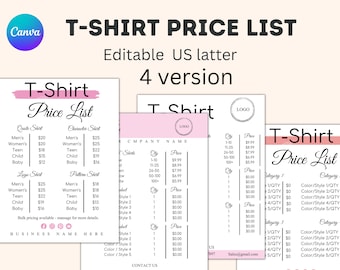 Editable TSHIRT Price List Template, Shirt Order Form, Printable Price ...