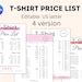 Editable TSHIRT Price List Template, Shirt Order Form, Printable Price ...