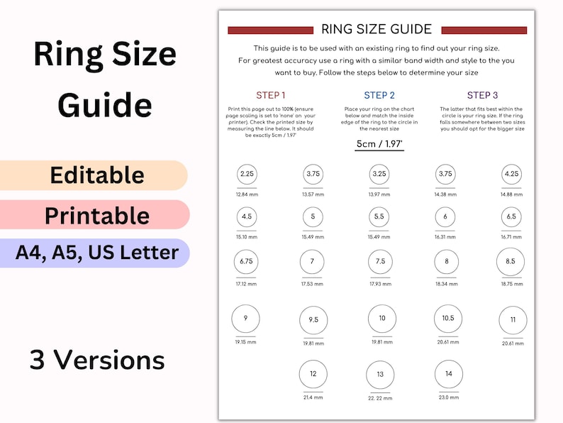 Printable Ring Size Chart Template, Ring Sizer, Ring Size Finder, Ring ...